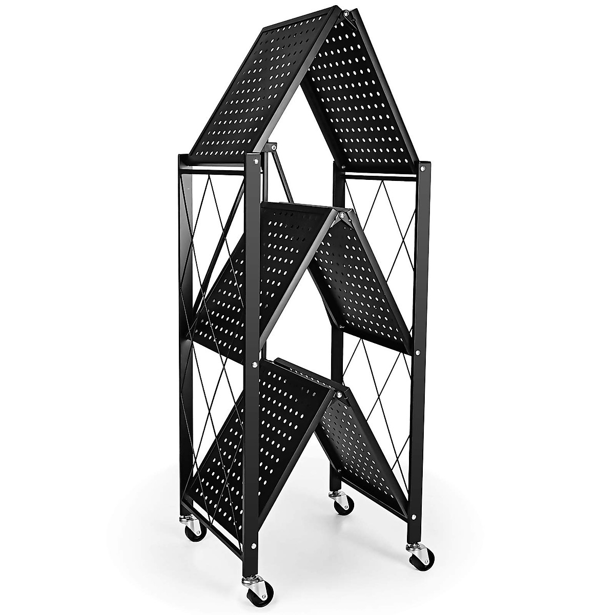 YSSOA 3-Tier Foldable Metal Shelves Heavy Duty Storage Shelving Unit with Wheels, Organizer Shelves for Garage Kitchen, Black