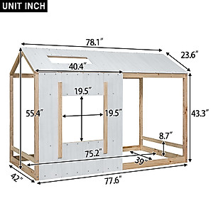 THINK 30 House Platform Bed, Platform Bed with Roof and Window, Twin Size, White+Natural