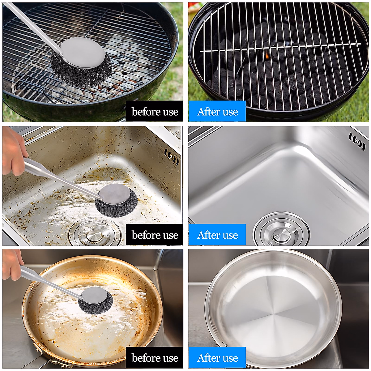 Generic Stainless Steel Long-Handled Steel Wool Brush, Grill Brush Bristle Free with Replaceable Brush Heads,Metal Scrubbers for Cleaning Dishes，Dish Scrubber with Handle