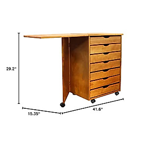 Adeptus Original Drop Leaf Roll Cart with Desk, Sold Wood, 7 Drawer Extra Wide Drawers Roll Carts, Medium Pine