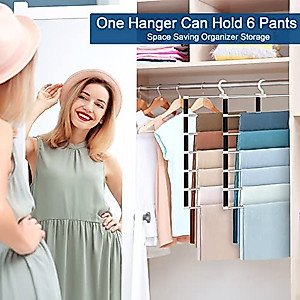 2PC Upgrade 6 Layers Pants Hangers Space Saving, Non Slip Pants Rack for Closet Organizers Storage, Hangs Up to 12 PC, for Trousers,Leggings,Jeans,Skirts, College Dorm Room Essentials