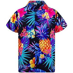 KING KAMEHA Men's Pineapple-Desings Summer-Party-Shirts Short-Sleeve, Pineapple, Black-Blue, XXL