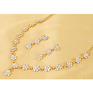 Sunsoul By Touchstone Indian Bollywood Handcrafted Traditional Floral Pattern White Rhinestone Designer Jewelry Necklace Set In Gold Tone For Women.