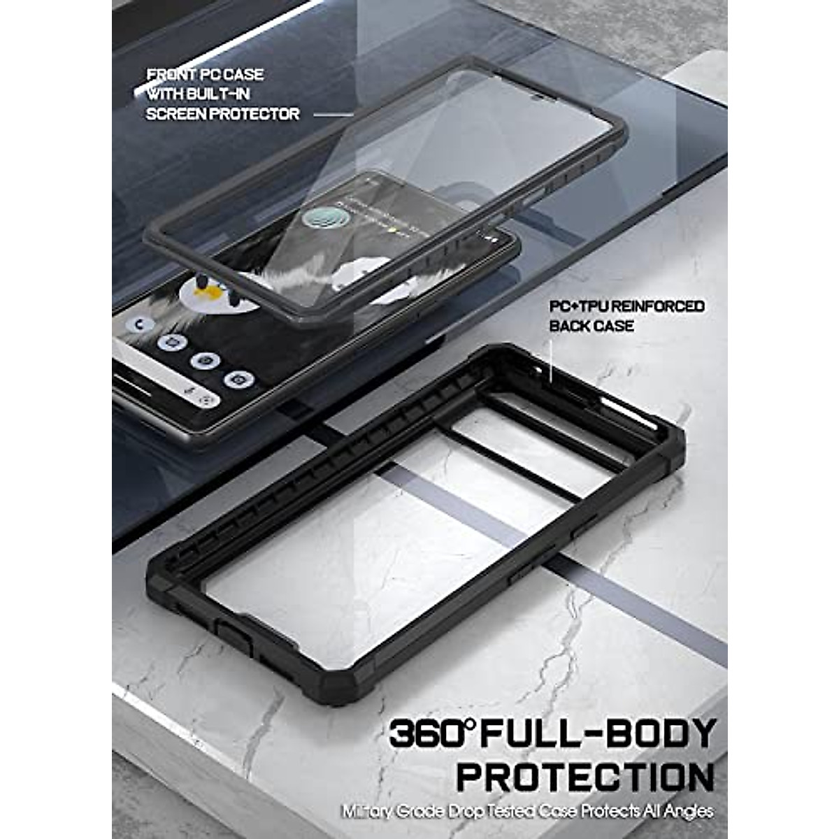 Poetic Guardian Series Case Designed for Google Pixel 7 5G with Built-in Screen Protector, Work with Fingerprint ID, Full Body Hybrid Shockproof Rugged Cover Case, Black/Clear