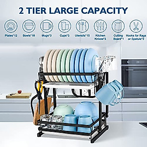 WDT Dish Drying Rack, 2 Tier Stainless Steel Dish Rack and Drainboard Set for Kitchen Counter,Foldable Compact Small Dish Drainer with Utensil Cutting Board Cup Knife Holder,Large Capacity,Black