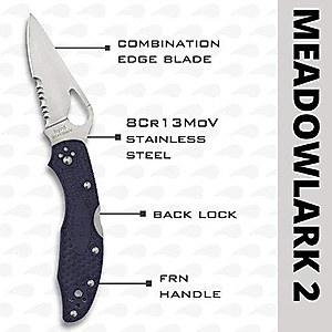 Spyderco Byrd Meadowlark 2 Lightweight Knife with 2.90" Stainless Steel Blade and Blue Non-Slip FRN Handle - CombinationEdge - BY04PSBL2