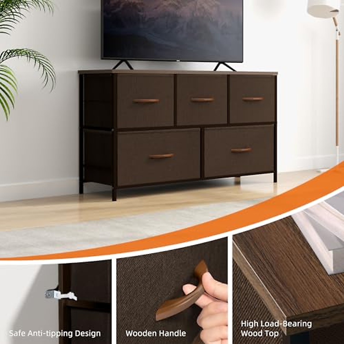 ROMOON Dresser for Bedroom, Dresser Wide for Closet with 5 Drawers, Small Fabric Dresser & Chests of Drawers for Bedroom,Nursery, Hallway.(Brown)