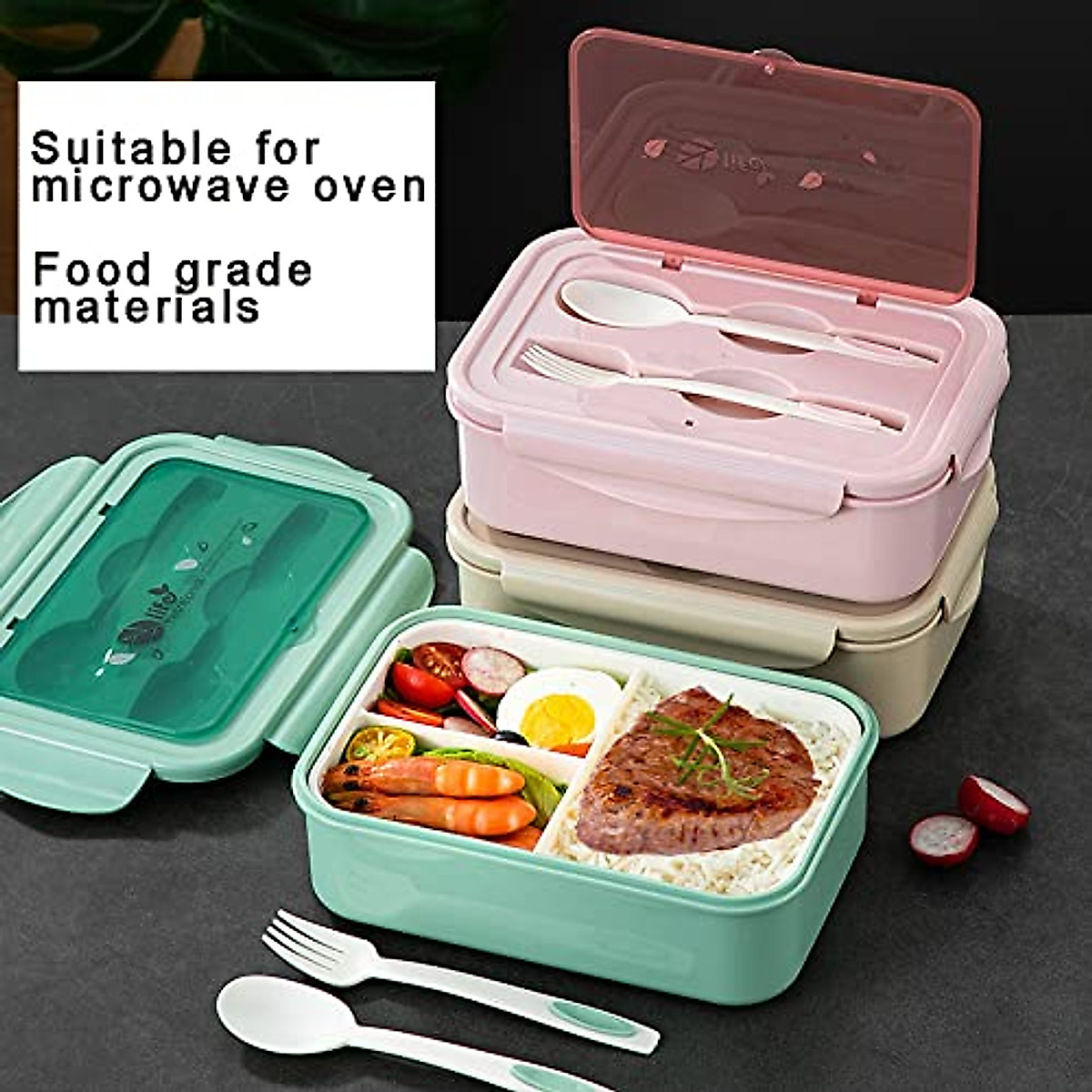 BIUWING Bento Lunch Box for adults 1400ml With Utensils, Insulated Lunch Bag Suitable for dining out 3-grid leak proof lunch box (Pink)