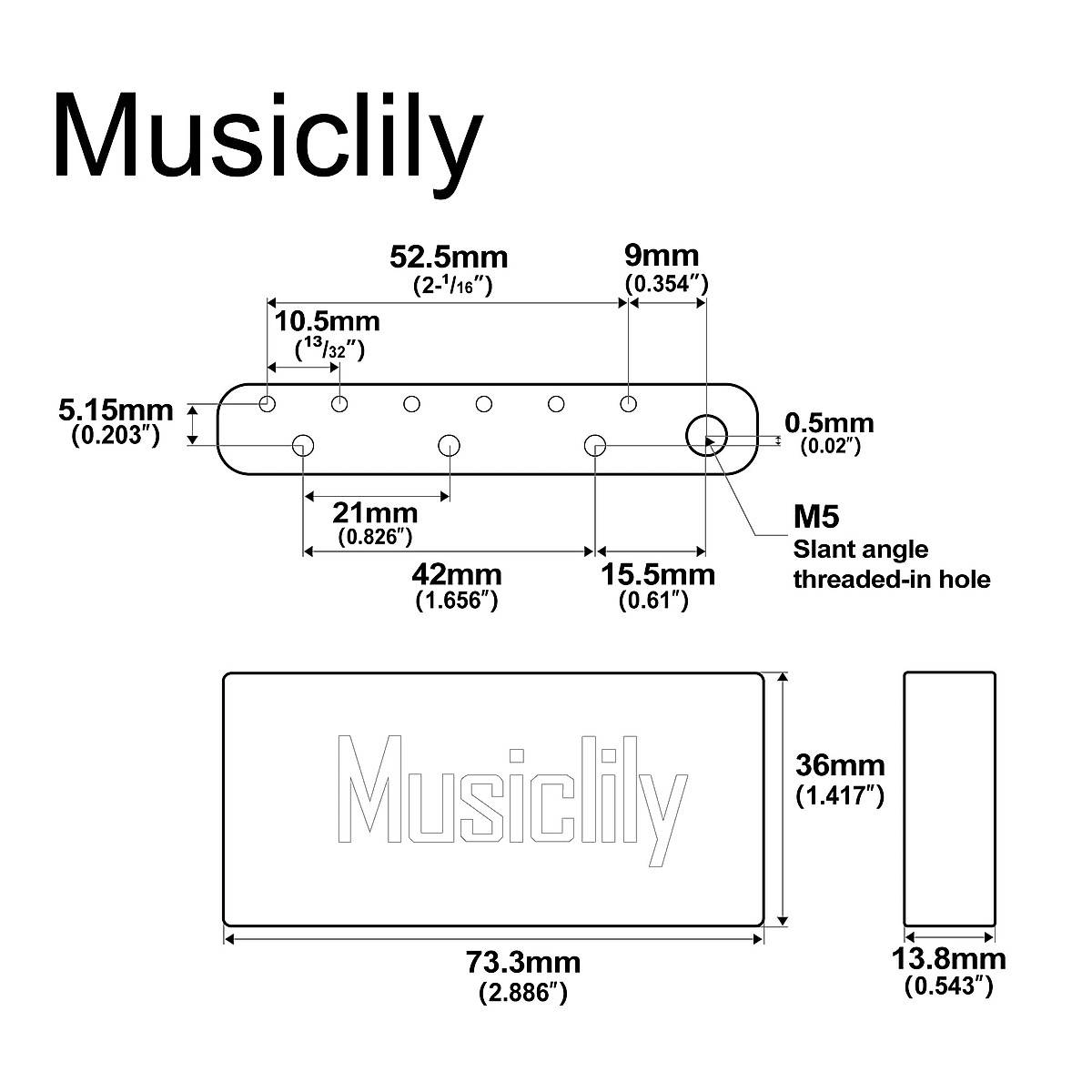 Musiclily Ultra 52.5mm (2-1/16 inch) String Spacing Full Solid Steel Short MIM Style Tremolo Block for China made Squier Pre-2020 Affinity 6-Screw Electric Guitar Bridge, 36mm Tall