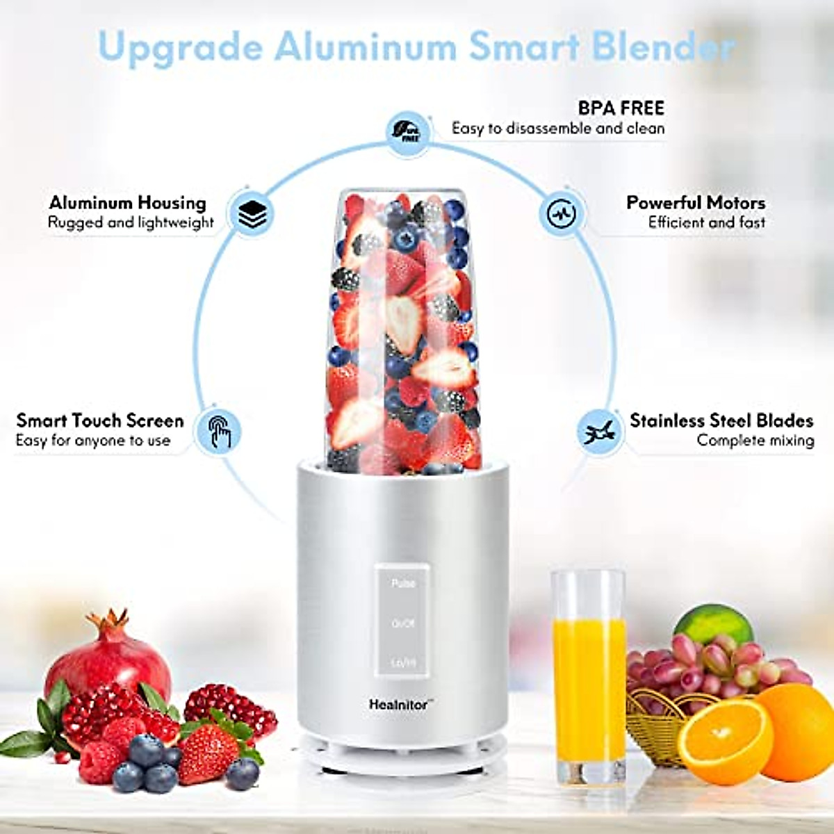 1200W Aluminum 3-Speed Juicer for Shakes and Smoothies, Healnitor Large Size Mixer with Blending and Juicing for Kitchen, Silver