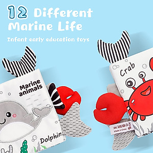 Crinkle Soft Baby Books 0-6 Months, 3D Touch Feel High Contrast Cloth Book Sensory Baby Toys 0-6-12 Months, Early Learning Stroller Toys for Infants Toddler Gifts Toy, Marine Jungle Tails