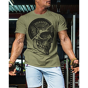 Gymish Lifestyle Skull Plate Gym Shirt, Work Out Deadlift Skull T-Shirt for Men (LG, SkullPlate Military Green)