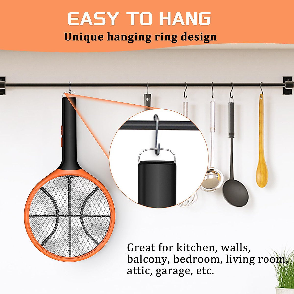 LUOJIBIE Electric Fly Swatter, Bug Zapper Racket Rechargeable Mosquito Zapper Handheld Fly Zapper with Hanging Ring for Home Indoor Outdoor, Large Size-2 Pack