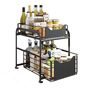 Under Sink Organizer, 2 Tier Pull Out Cabinet Organizer with Storage Basket Drawers, Countertop Storage Shelf Under Sink Storage Rack for Bathroom Kitchen (Large, Black)