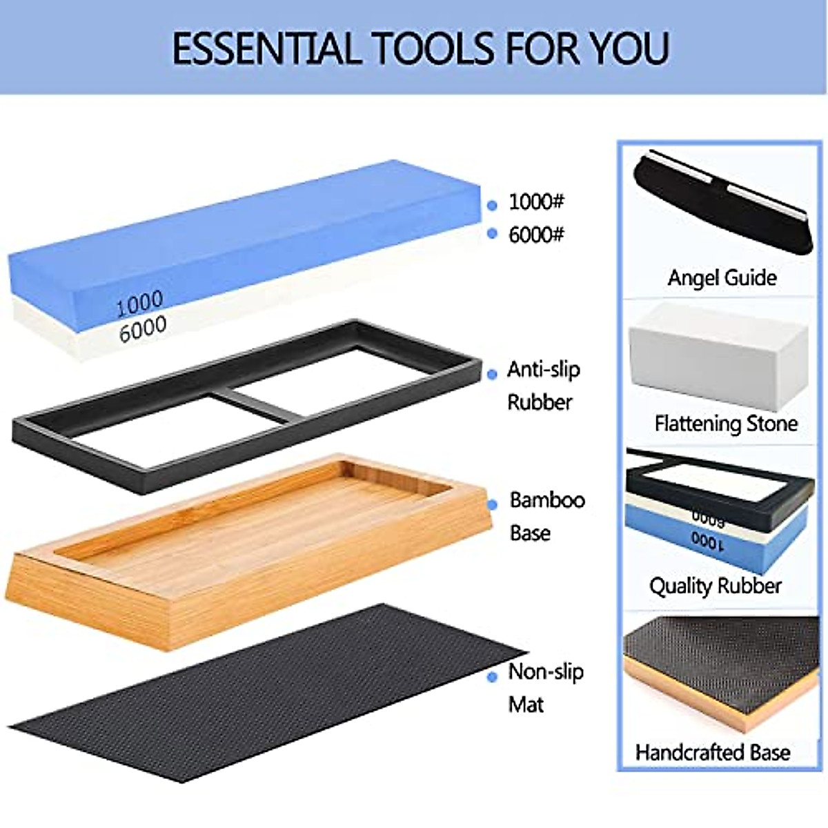 ZJNUO Whetstone Sharpening Stone Kit Dual Sided 1000/6000 Grit Professional Whetstone Knife Sharpener Stone Wet Stone Set Nonslip Rubber&Bamboo Base Angle Guide,and Fix Stone Blue/White
