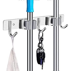 POPRUN Broom Mop Holder Wall Mount Stainless Steel Garden Tool Hanger Garage Organizer Home Kitchen Laundry Storage, 2 Racks 3 Hooks, Grey