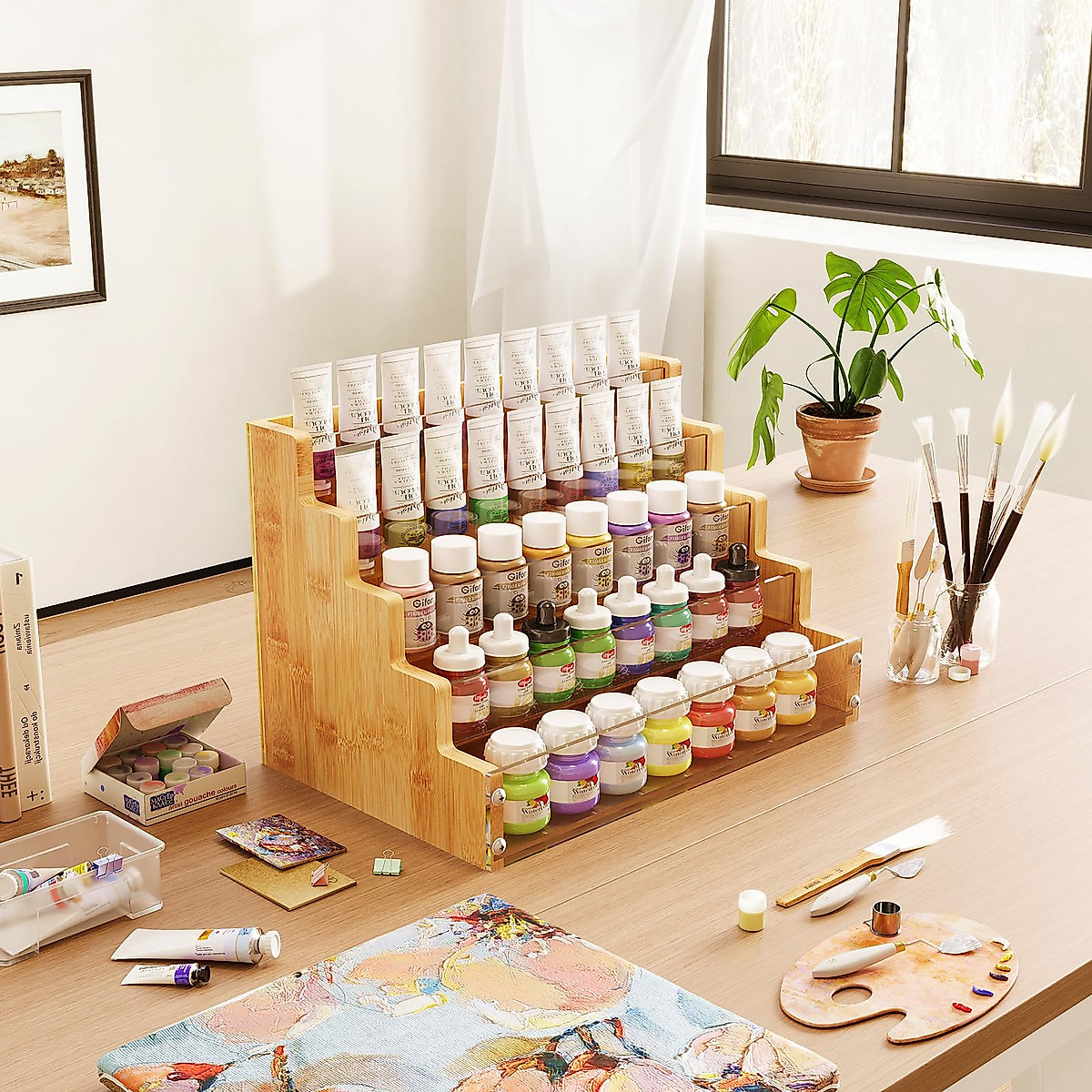 LUMAMU Paint Organizer, 5 Tiers Craft Paint Storage Organizer, Bamboo Paint Holder Organizer for 2oz Paint Tube and Bottles, Paint Storage Rack for Miniature Paints
