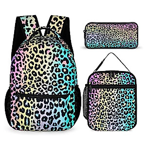 DTCCET 3PCS Multi-Colored Leopard Backpack Set, Stylish Laptop Bag Classic Leopard Daypack with Lunch Bags, Lightweight Shoulders Backpack with Multiple Pockets(Colorful Leopard)