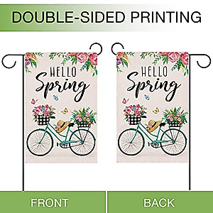 Hzppyz Hello Spring Bicycle Flowers Garden Flag Double Sided, Rose Bike Decorative Yard Outdoor Home Small Decor, Farmhouse Burlap Outside House Decoration 12 x 18
