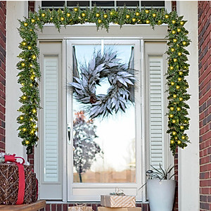 ENVEN 9FT Prelit Christmas Garland Artificial PE Mixed Pine Garland Decoration 50 LED Battery Operated Warm Lights and Timer Xmas Garlands Decor Walls Stairs Fireplaces Indoor Outdoor (GL001)