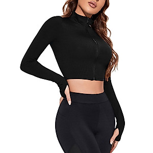 SOLY HUX Women's Lightweight Full Zip Athletic Long Sleeve Crop Running Workout Yoga Sportwear Jacket Solid Plain Black Small