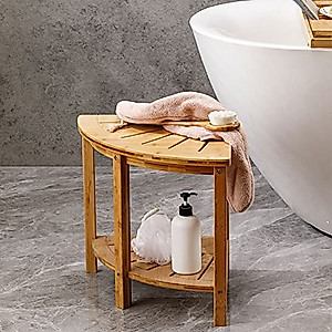 Kohtla Bamboo Corner Shower Seat Bench with Storage Shelf Wood Spa Stool for Bathroom, Indoor and Outdoor Use