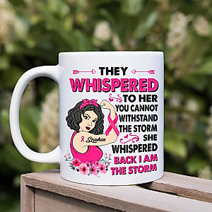 GERBERA STORY - Custom Breast Cancer Awareness Coffee Mug Personalized Breast Cancer Gifts For Women Cancer They Whispered to Her You Can't Withstand The Storm Mug 11oz or 15oz