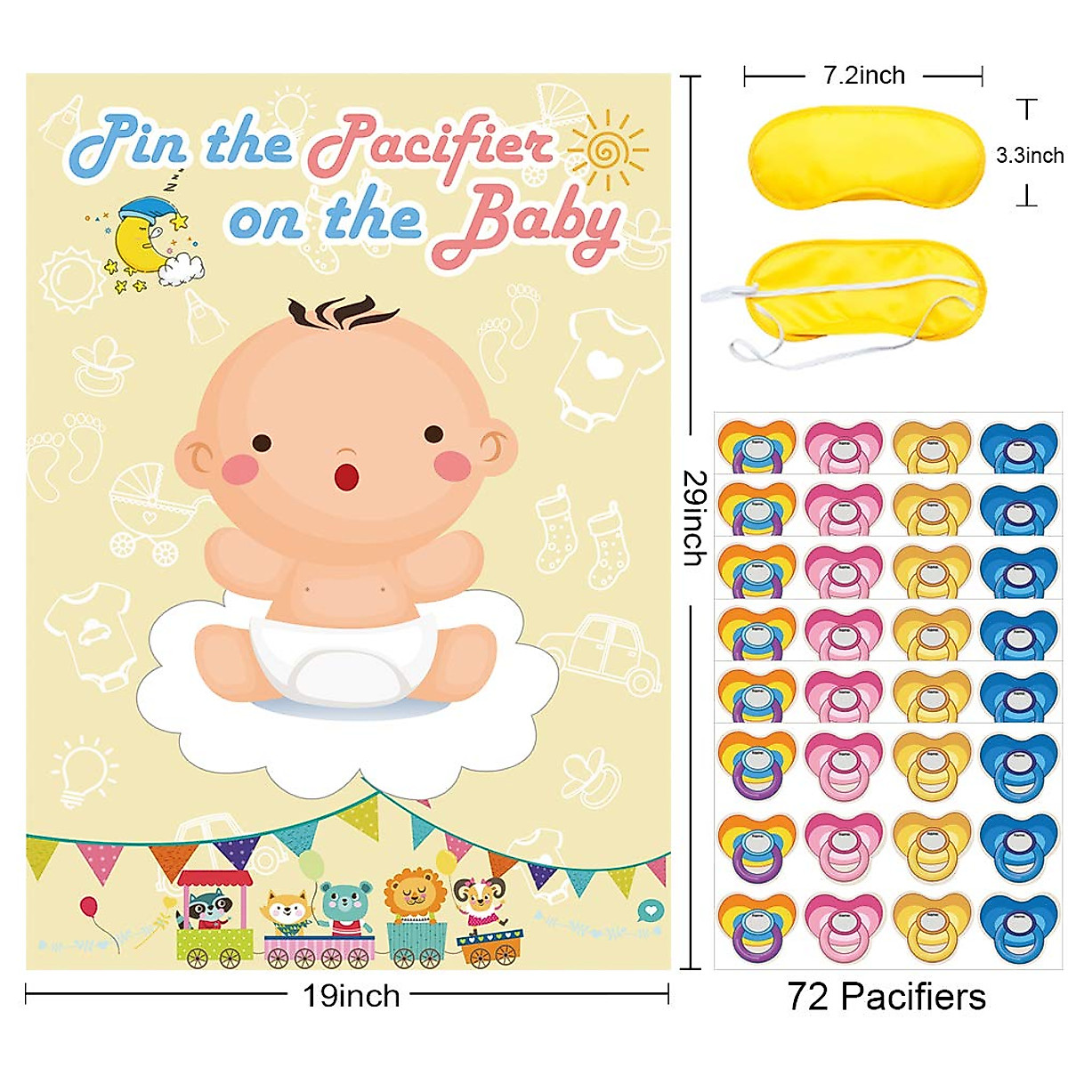 Hooqict Pin The Pacifier On The Baby Game, Baby Pacifier Games Poster with 72pcs Pacifiers Stickers Baby Shower Games Party Favors Girls Boys Kids Birthday Party Supplies