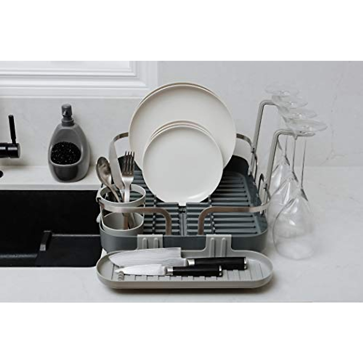 Umbra Holster Dish Rack– Molded Plastic Dish Drying Rack with Drainage Spout, Charcoal