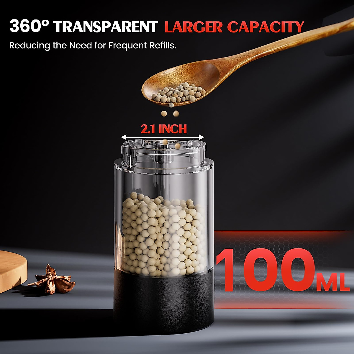 Electric Salt and Pepper Grinder Set Automatic Battery Pepper Mill Shakers Adjustable Coarseness Easy Filling Upgraded Larger Capacity with Led (2 Pack Black/Black）