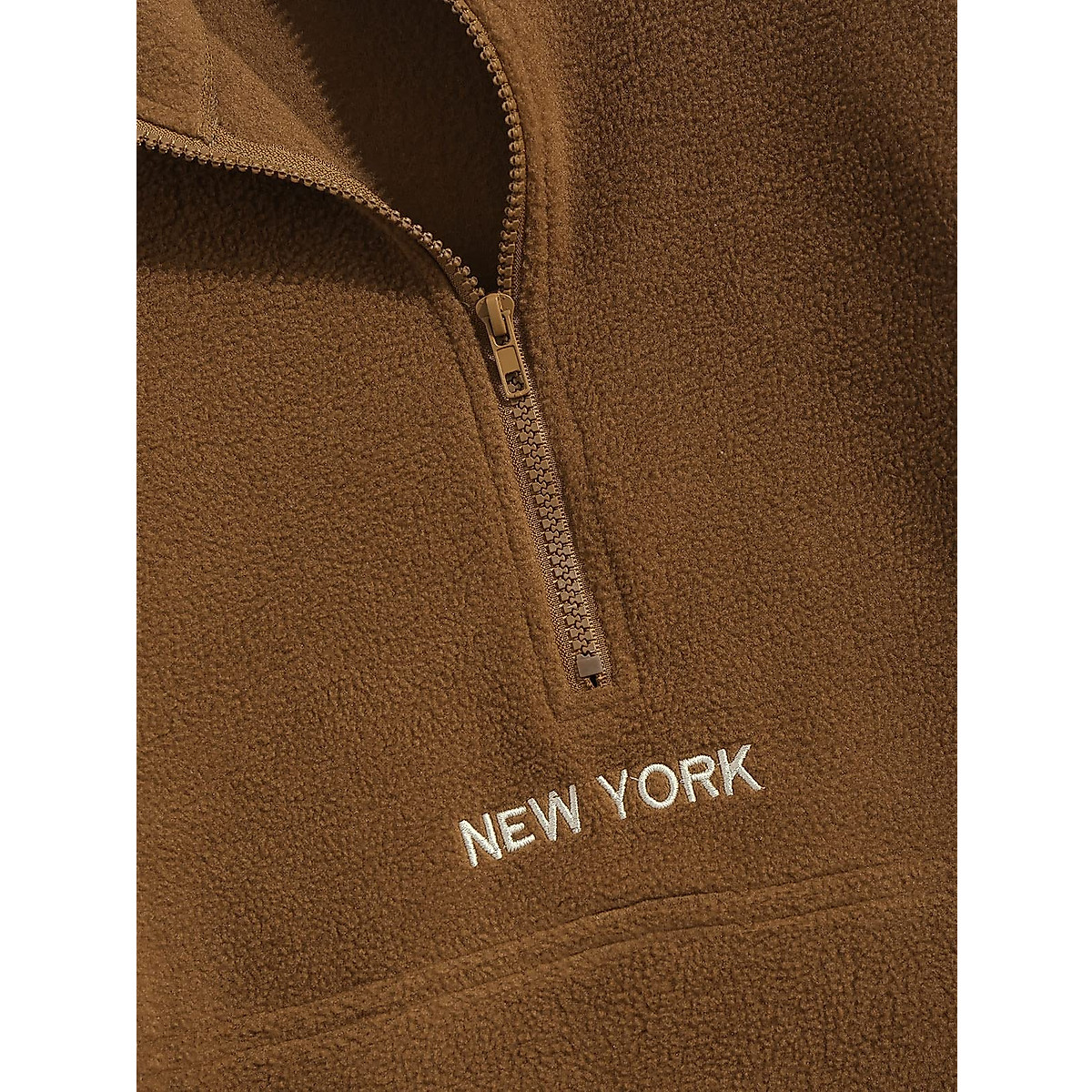 ZAFUL Men's Fluffy Polar Fleece Sweatshirt NEW YORK Embroidery Colorblock Half Zip Unisex Hoodie Coffee M