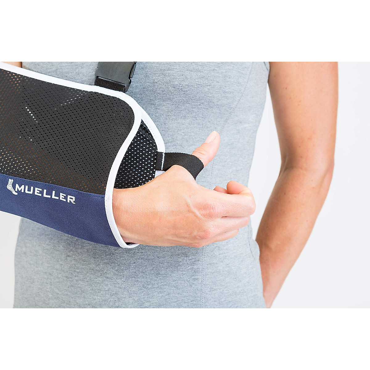 MUELLER Sports Medicine Adjustable Arm Sling - Comfortable Support for Left or Right Shoulder and Arm Injury, For Men and Women, Blue w/ Black Mesh, One Size Fits Most