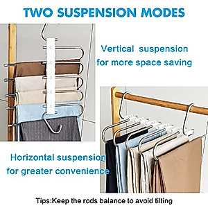 HotMax Pants Hanger Space Saving, Multiple Pants Organizer for Closet, Stainless Steel Jeans Hangers, Non-Slip Trousers Storage Organizer for Scarf, Skirt(2packs, 5-rods)