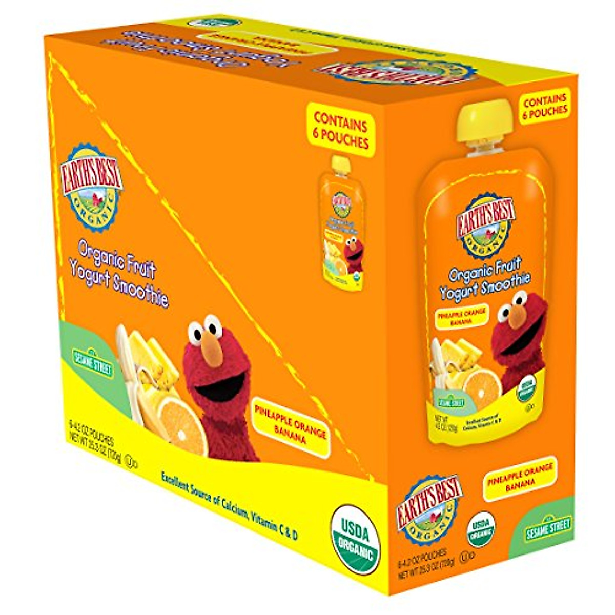 Earth's Best Organic Sesame Street Toddler Fruit Yogurt Smoothie, Pineapple, Orange and Banana, 4.2 oz. Pouch (Pack of 12)