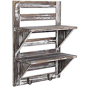 MyGift 2-Tier Wall-Mounted Shelf Rack with Key Hooks, Torched Wood Entryway Storage Display Shelves, Bathroom Shelving and Towel Hooks, 7 x 13-Inches