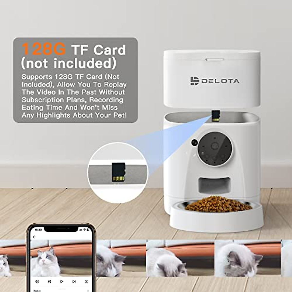 DLT-DELOTA Floodlight Outdoor Home Automatic Cat Feeder with Camera,4L Automatic Cat Feeders with 4MP Camera, 10s Voice Recorder, 2.4G WiFi Cat Feeder Automatic with Smart APP Control and Timer