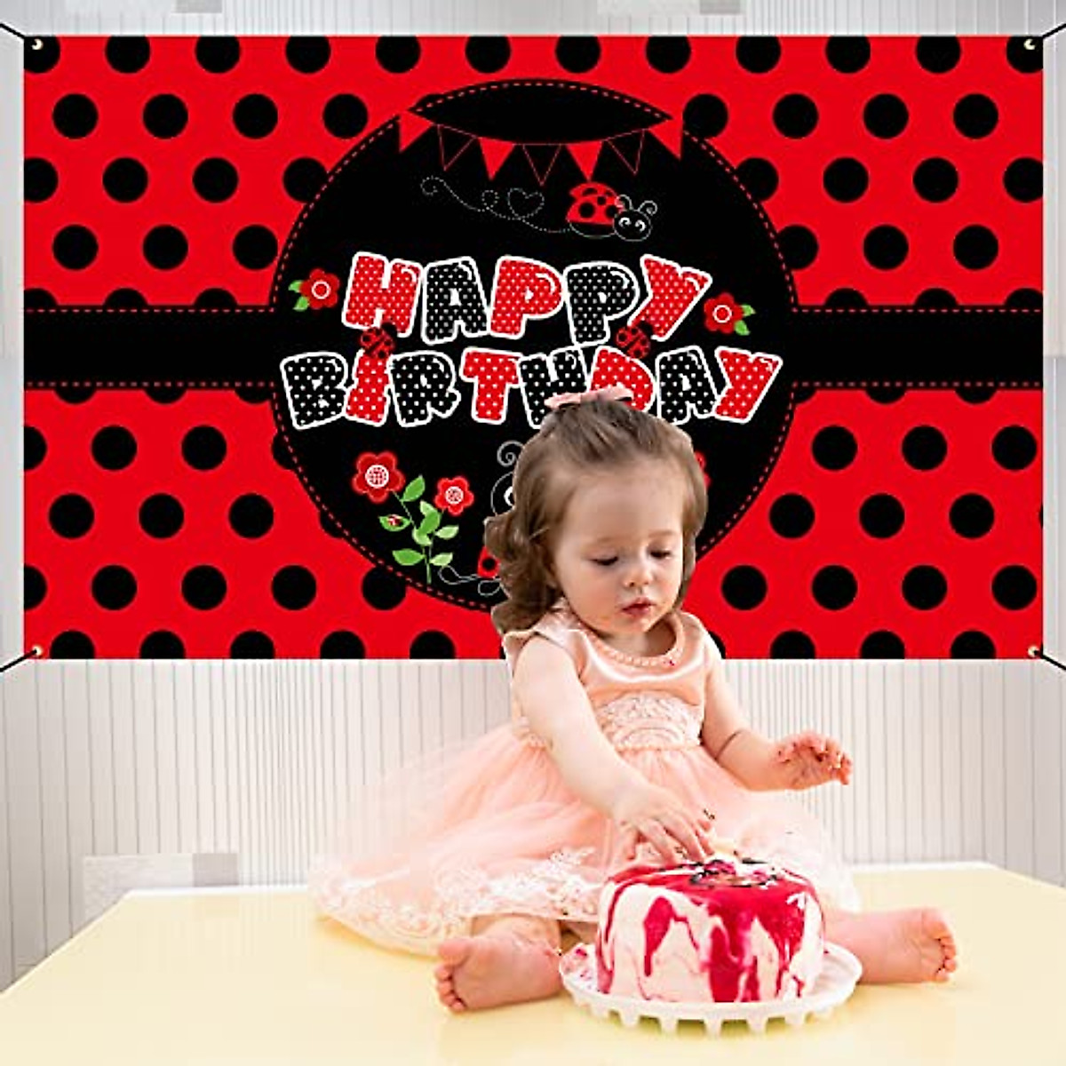Vlipoeasn Ladybug Themed Party Supplies, Cute Ladybird Birthday Decorations for Girls, Black Red Ladybug Happy Birthday Banner Backdrop, Ladybug Baby Shower Decorations