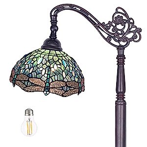MOOVIEW Tiffany Floor Lamp Dragonfly Stained Glass Floor Reading Bedroom Living Room Arched Lamp 61’’ Tall Wide Lampshade 1 PCS LED Bulb(2700k E26) Included,Sea Blue,Gifts