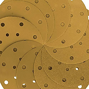 Dura-Gold Premium 60, 80, 100,120,180,220,320,400,600,1000 Grit 6" Gold Sandpaper Discs, 17 Hole Pattern Dustless, 5 Each, 50 Total - Hook & Loop Backing for DA Sander, Sanding Automotive, Woodworking