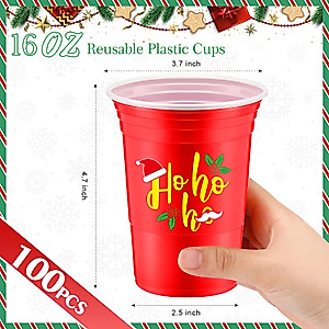 Jinei 100 Pcs Disposable Christmas Cups 16 oz Christmas Plastic Party Cups Coffee Hot Cocoa and Hot Cold Drinks for Party Favors, Red Green