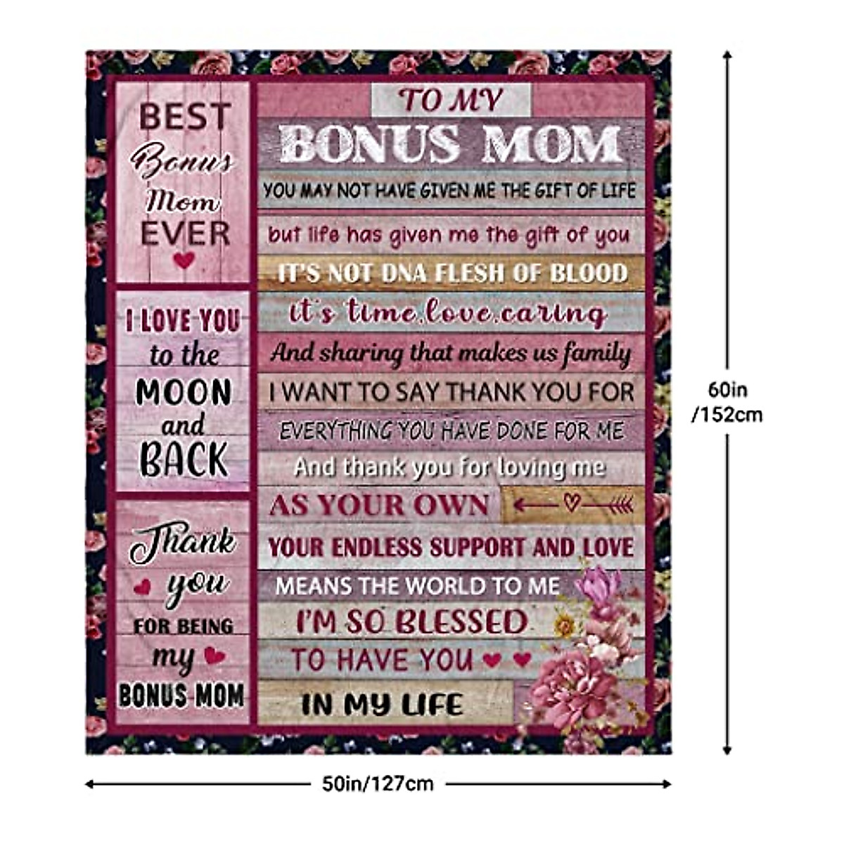 Bonus Mom Stepmom Gifts Blanket from Bonus Daughter Son, to My Bonus Mom Blankets for Birthday, Step Mom Gifts Soft Flannel Throw Blanket 50"x60"