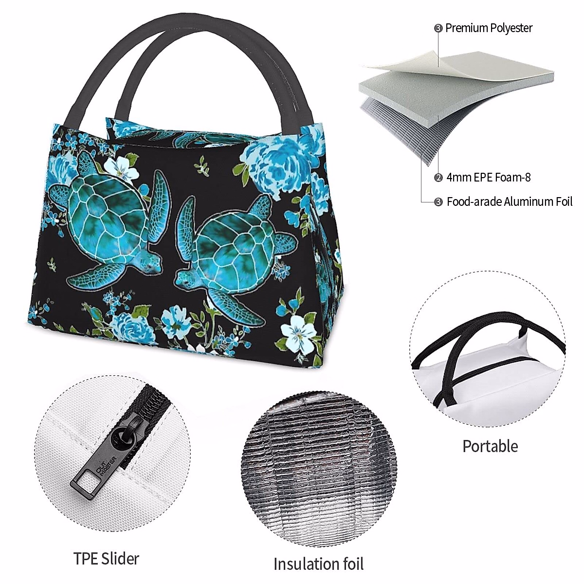 ASYG Sea Turtles Lunch Box Beach Bag Picnic Bags Tote Insulated Portable Lunch Bag Container Beach Meal Bag