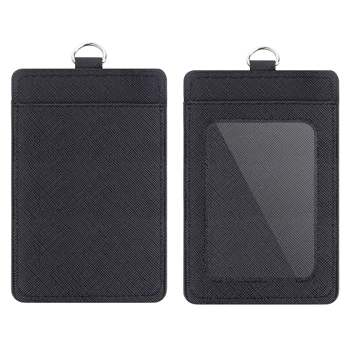 2 Pack Badge Holders and Heavy Duty Retractable Reel Clips Set, Vertical Leather ID Badge Holders with 1 Clear ID Window & 2 Credit Card Slots (Black-2pcs)')