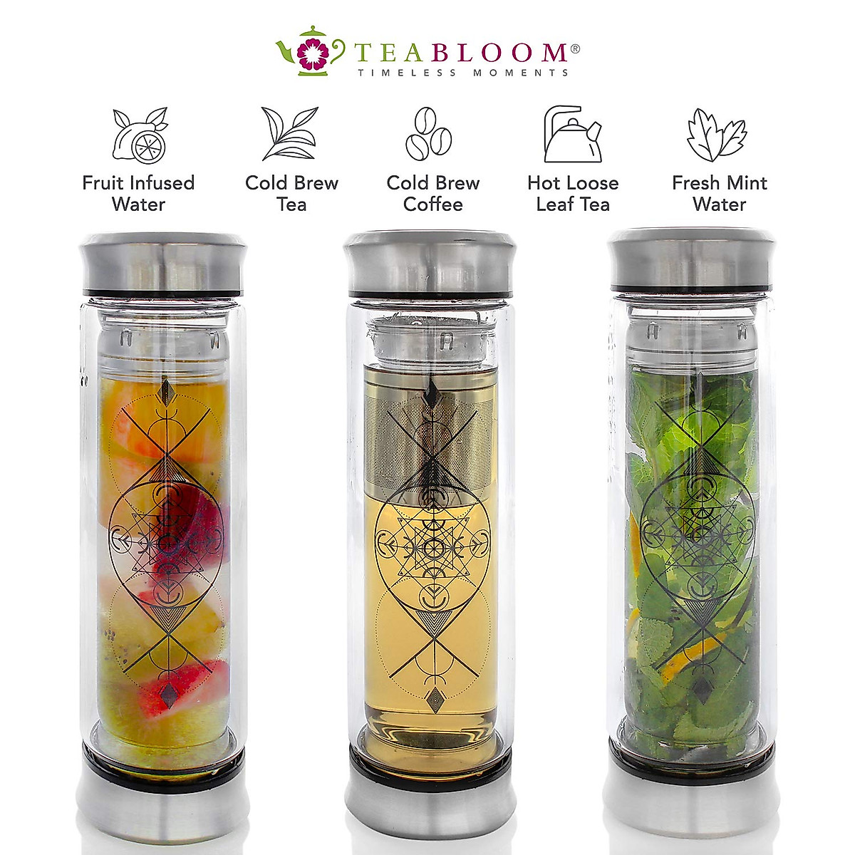 Teabloom All-Beverage Infusion Bottle – 14 oz / 400 ml – Double Wall Insulated Glass Travel Flask – Hot Tea & Cold Brew Coffee Thermos – Removable Sleeve
