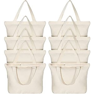 Epakh 8 Pack Canvas Tote with Zipper 16.5 x 13 x 4 Inch Reusable Grocery Bag, Foldable Shopper, Washable Beach Tote, School Shoulder Bag for Women Mothers and Brides (Beige)