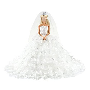 BARWA Wedding Dress Princess Evening Party White Dress Gown with Veil for 11.5 inch Dolls