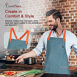 CHEFSPRIDE Professional Chef Apron for Men & Women - 100% Cotton Adjustable Kitchen Chef Apron with Cross Back & Tool Pockets, Emerald Green with Orange Straps