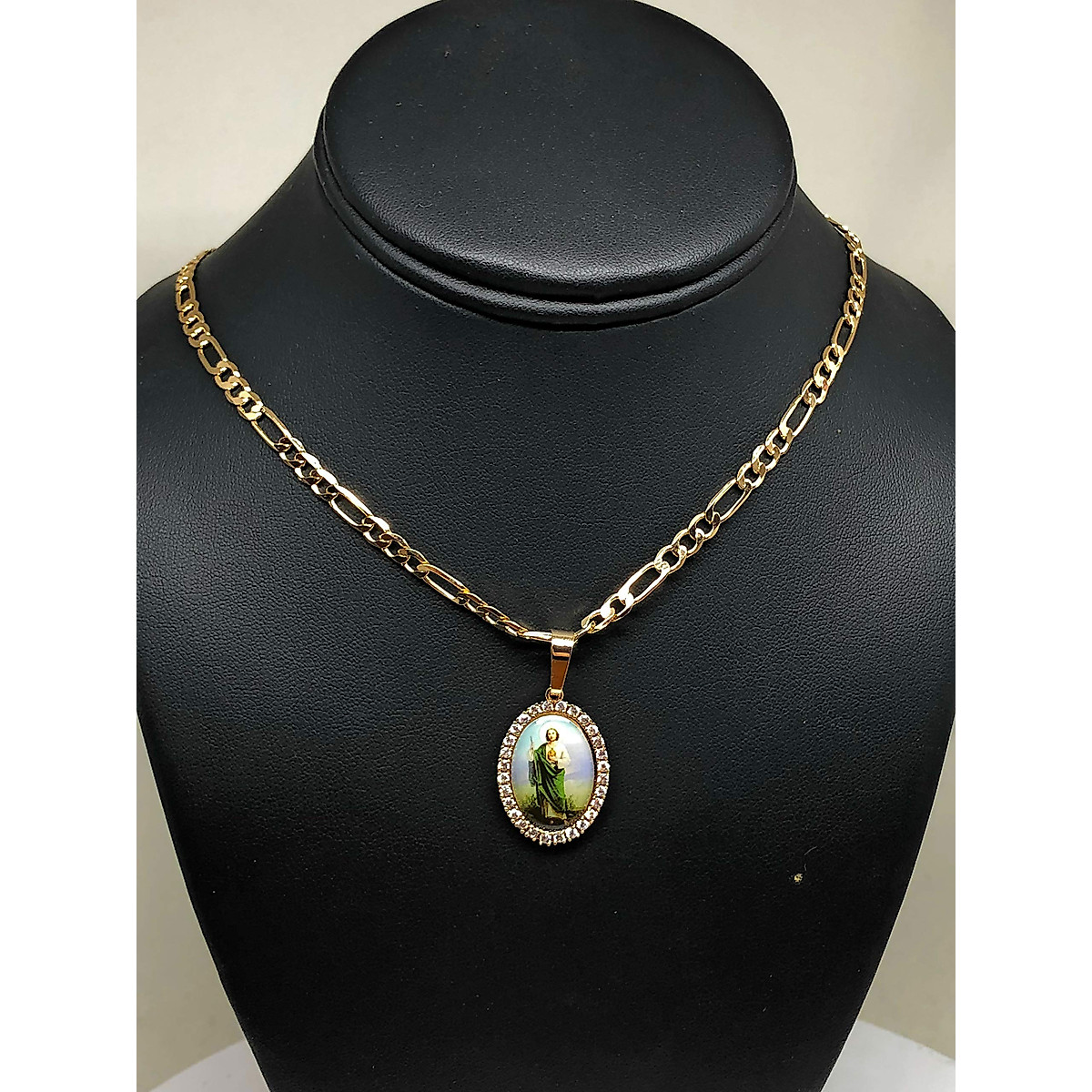Gold Plated Saint Jude Pendant Necklace Figro 26" San Judas Tadeo Medalla Oro Laminado Figaro