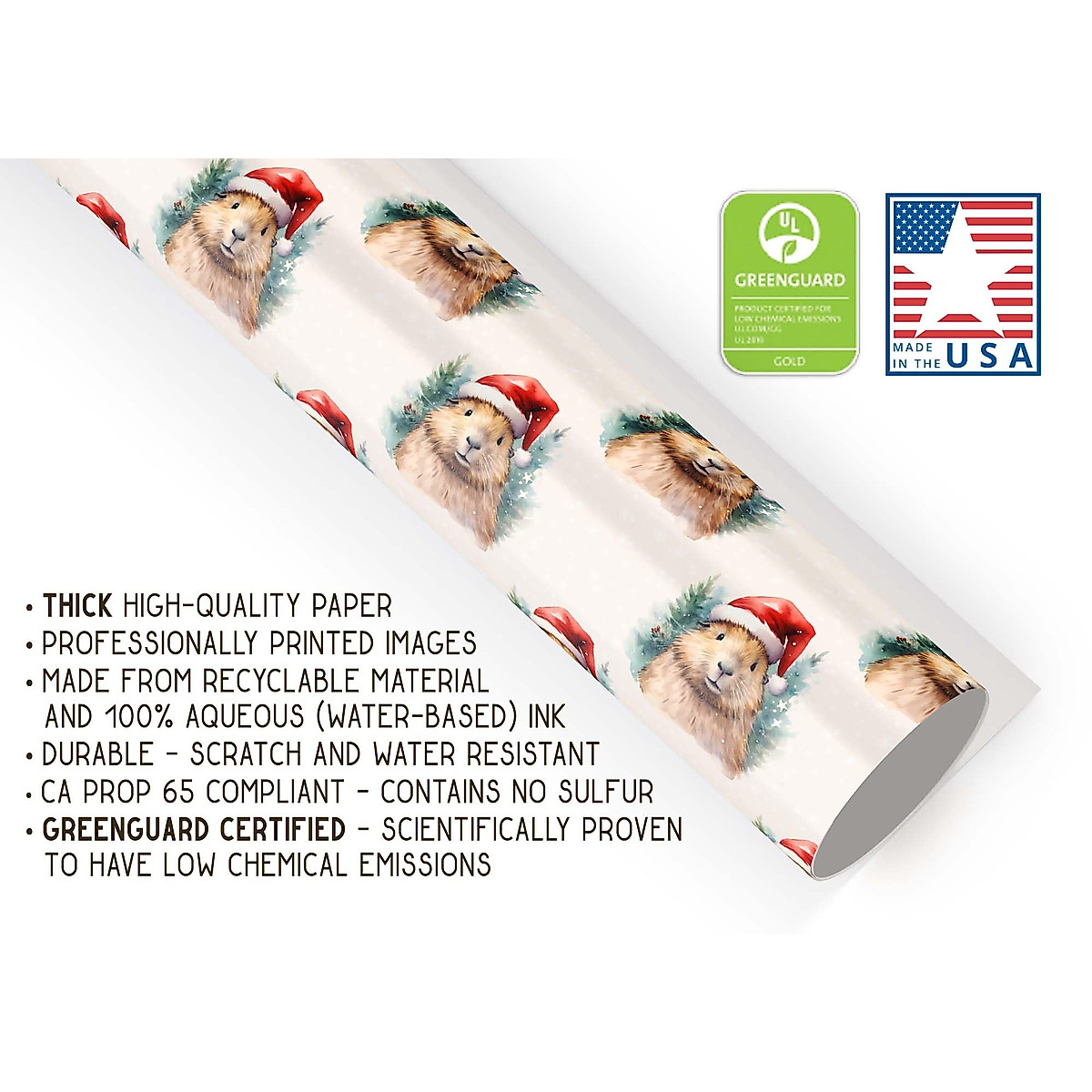 Watercolor Hamster Gerbil Guinea Pig Xmas Gift Wrap Premium Thick Wrapping Paper Capybara Animal Theme Merry Christmas Rodent Party Decor (6 foot x 30 inch roll)