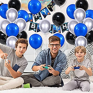Royal Blue , Metallic Silver, Black Balloons 12" 10" - 118PCS Blue and Black Metallic Silver Balloon Arch Garland Video Gaming Party for Graduation Retirement New Year 30th 40th 50th Birthday Party Decorations for Boy Men
